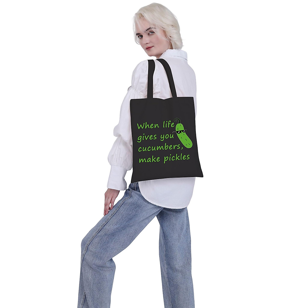 VAMSII Pickle Gifts for Pickle Lover Tote Bag When Life Gives You Cucumbers Make Pickles Shopping Bag Cucumber Lover Funny Bag Gifts(Make Pickles Tote)