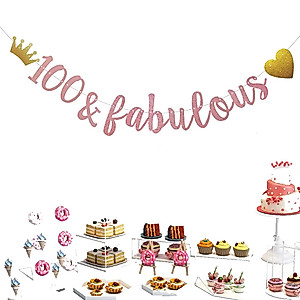 100 & fabulous Banner, Pre-Strung, No Assembly Required, Funny Rose Gold Paper Glitter Party Decorations for 100th Birthday Party Supplies, Letters Rose Gold,ABCpartyland