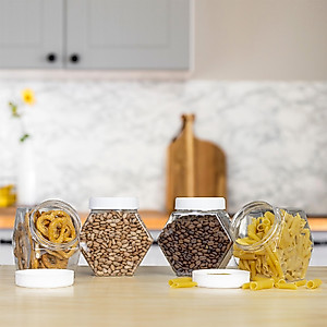 Cornucopia Plastic Hexagon Shaped Jars (4-Pack, 30oz); Value Pack of Containers for Snacks, Gifts and Storage, 2 1/2 Cup Capacity, 5 x 5 x 3 Inches