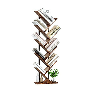 Yusong Tree Bookshelf, Geometric Bookcase with Steel Pipe for Living Room Bedroom, Floor Standing Shelves for Home Office (Rustic Brown, 9 Tier)