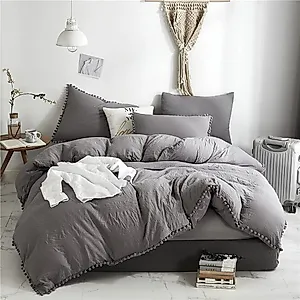 IHOUSTRIY Duvet Cover Queen Size,100% Washed Microfiber 3pcs Bedding Duvet Cover Set, Pom Poms Fringe Solid Color Soft and Breathable with Zipper Closure & Corner Ties (Light Gray, Queen)