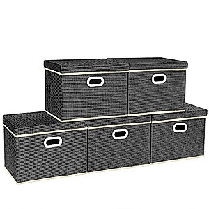TYEERS Large Collapsible Storage Bins with Lids, Patterns, Washable, Fabric Decorative Storage Boxes for Organizing 17.3x11.8x11.4 inches, 5 Pack, Gray