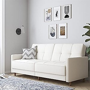 DHP Andora 76 Inch Futon Sofa Bed in Faux Leather, Modern Upholstered Couch Sleeper with Button Tufted Back and Seat, White