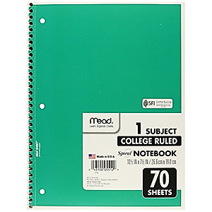 Mead Spiral Notebook, College Ruled, 1 Subject, 70 Sheets, 7.5" x 10.5", 12 Pack, Assorted Colors (05512-12)
