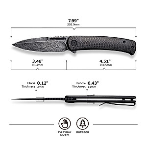 CIVIVI Cetos Folding Knife, 3.48-in Damascus Blade Spear Point with Twill Carbon Fiber Scale Flipper Knife Frame Lock, Pocket EDC Outdoor Knives for Camping, Hiking, Hunting C21025B-DS1