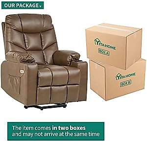 YITAHOME Electric Power Lift Recliner Chair for Elderly, Leather Recliner Chair with Massage and Heat, Spacious Seat, USB Ports, Cup Holders, Side Pockets, Remote Control (Light Brown)