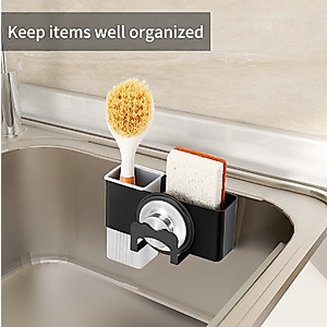 Sink Caddy Sponge Holder, Sponge Caddy and Dish Brush Holder, 3-in-1 Sink Organizer, Come with Sink Stopper Holder, Adhesive Installation, for Kitchen, Bathroom, Matte Black Stainless Steel
