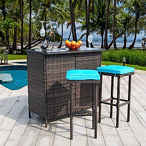 Polar Aurora 3PCS Patio Bar Set with Stools and Glass Top Table Patio Wicker Outdoor Furniture with Blue Removable Cushions for Backyards, Porches, Gardens or Poolside