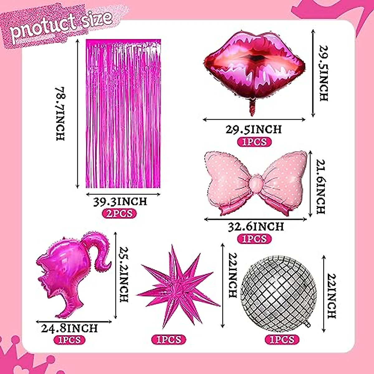 Hot Pink Party Decorations Pink Balloon Garland Arch Kit Pink Princess Girl Bow Balloons Hot Pink Rose Red Light Pink Matte White Balloons Silver Disco Ball Pink Foil Fringe Backdrop