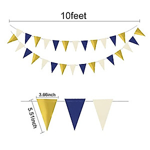 YSSAI 46 Ft Navy Blue Gold Beige Triangle Flag Bunting Banner Hanging Paper Pennant Banner Blue and Gold Party Decorations SA0029 0