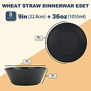 Wrova Wheat Straw Dinnerware Sets - 8 set Unbreakable Microwave Safe Dishes - Reusable Wheat Straw Plates and Bowls Sets for Kitchen - Kid’s Wheat Straw Bowls and Plate for Cereal, Soup （4 color）