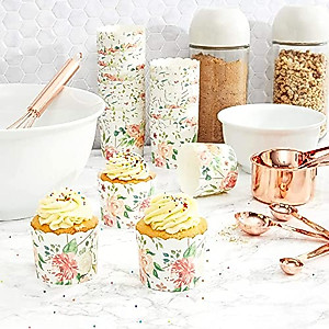 50 Pack Floral Cupcake Wrappers for Wedding, Watercolor Flower Paper Baking Cups and Muffin Liners for Tea Party (2.25 x 2.75 In)