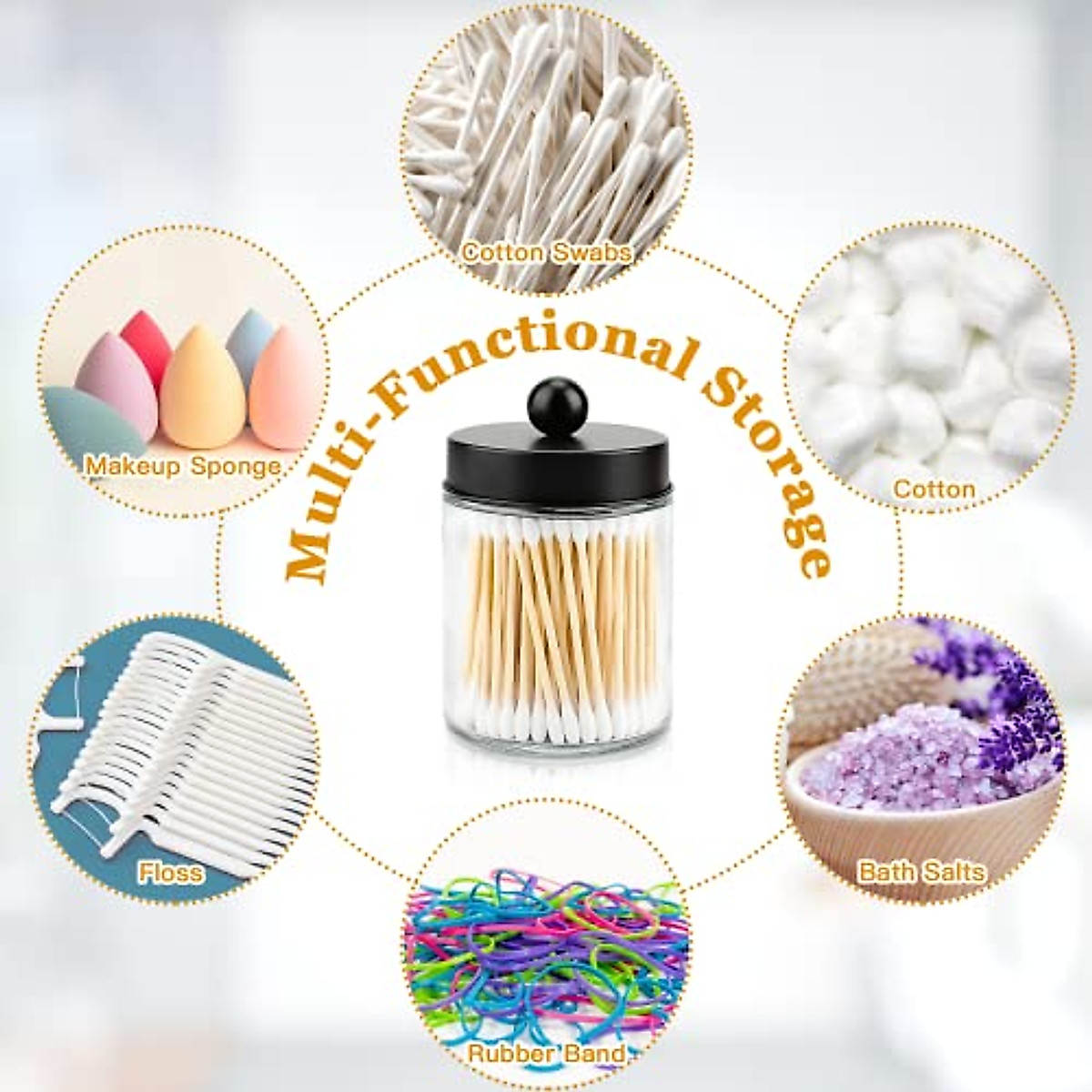 Goramio 2-Pack Bathroom Glass Storage Jars, Small Apothecary Jars with Lids, Glass Qtip Holder, Cute Bathroom Canisters, Cotton Swab Holder, bathroom countertop organizer with 12 Lables (9 Oz, Clear)