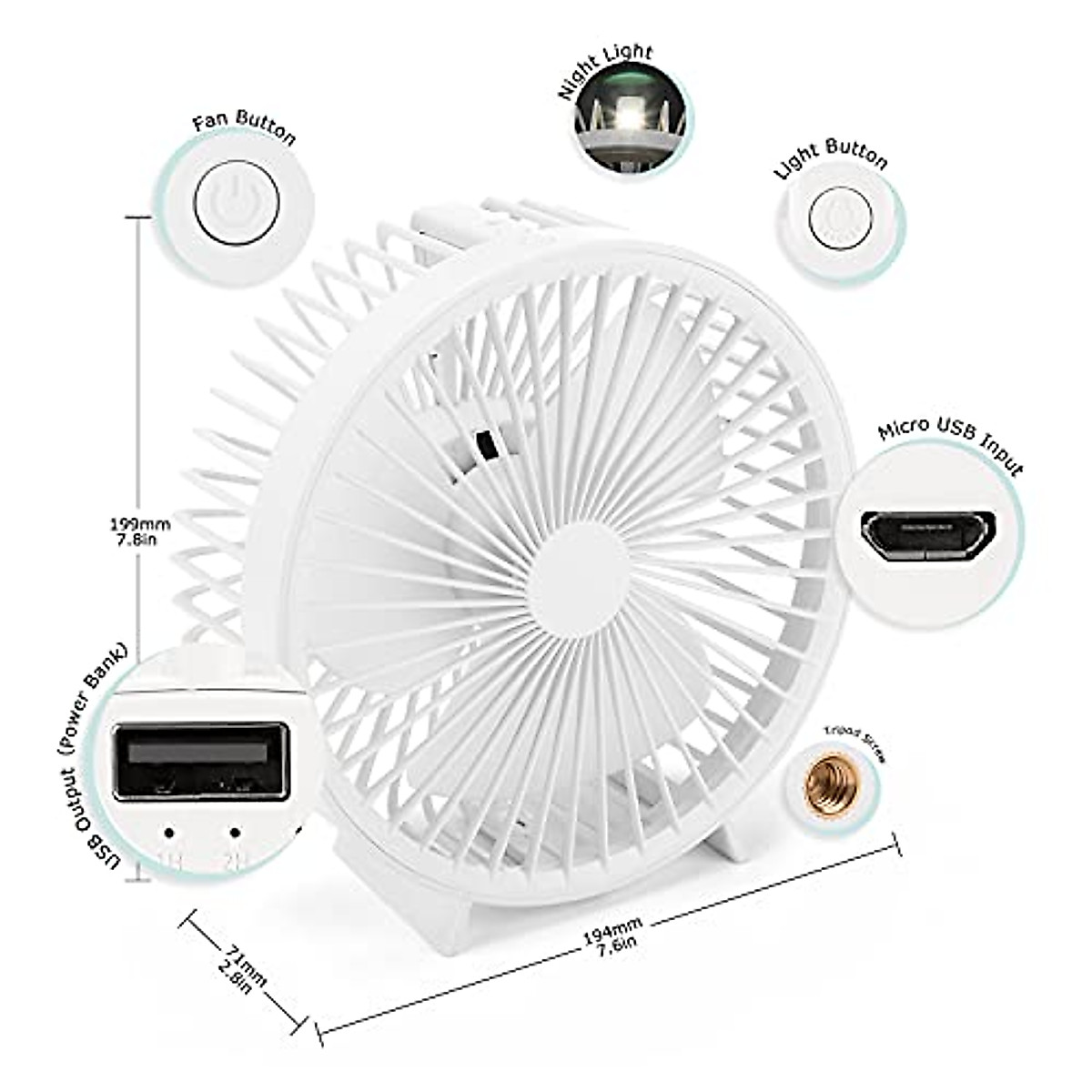 Mywill 8-Inch Portable Fan with Remote Control Timer Power Bank and Night Light, 30 Working Hours USB Rechargeable Fan, 12 Speeds with Multi Natural Wind, for Home Baby Office Outdoor Camp Golf Yoga Travel Use, Power Failure Emergency Use (White)
