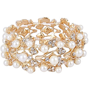 EVER FAITH Gold-Tone Crystal Cream Simulated Pearl 1920's Style Leaf Stretch Bracelet Clear