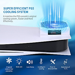 G-STORY PS5 Cooling Fan,PS5 Fan Cooler System, Speed Automactically Adjusted by Temperature(℃/℉), Low Noise, 3 1500/1750/2000RPM (140MM) with RGB LED (White)