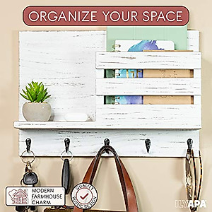 Ilyapa Key and Mail Holder for Wall - Mail Organizer Wall Mount with Decoraitve Shelf - Rustic White Wooden Wall Key Holder with 5 Metal Hooks