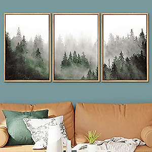 SIGNWIN Framed Canvas Print Wall Art Woodland Nursery Decor Set Fog & Mist Over Green Pine Tree Forest Nature Wilderness Modern Art Chic Landscape for Living Room, Bedroom, Office - 16"x24"x3 Natural