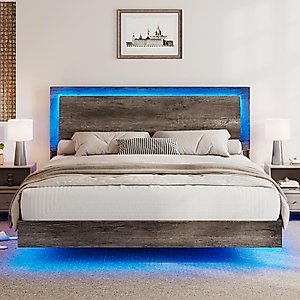 LUXOAK Full Size Floating Bed Frame, Farmhouse Platform Bed Frame with Headboard and LED Light/No Box Spring Needed/Noise Free/Easy Assembly, Rustic Grey