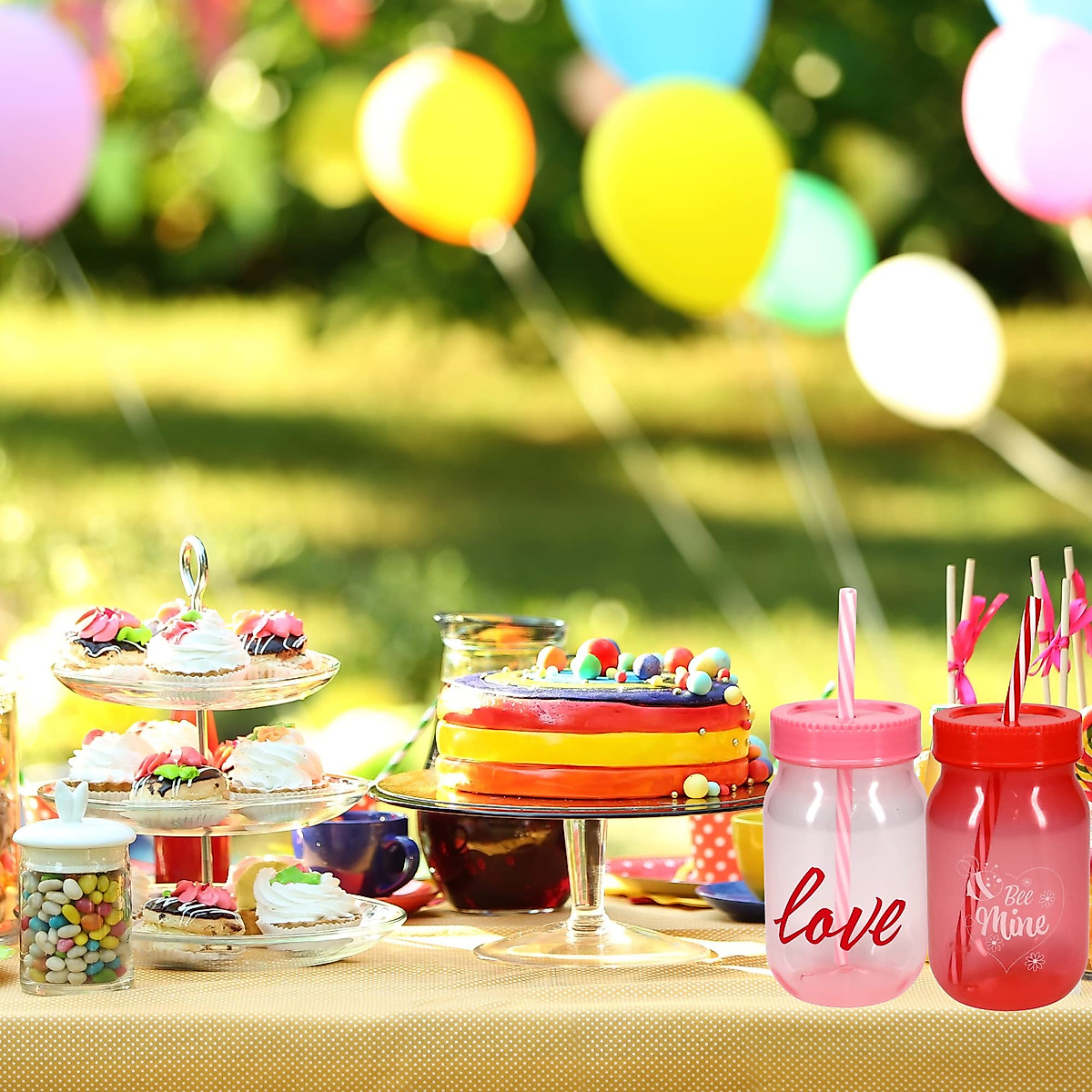 GCM Valentine's Day Plastic Pint Jar Tumbler with Lids & Straw 16oz Red Pink Reusable Cups for Kids Adults Drinking Cup Water Smoothies Juice Bottle Indoor Outdoor Use & Gifts Set of 2 Designs Vary