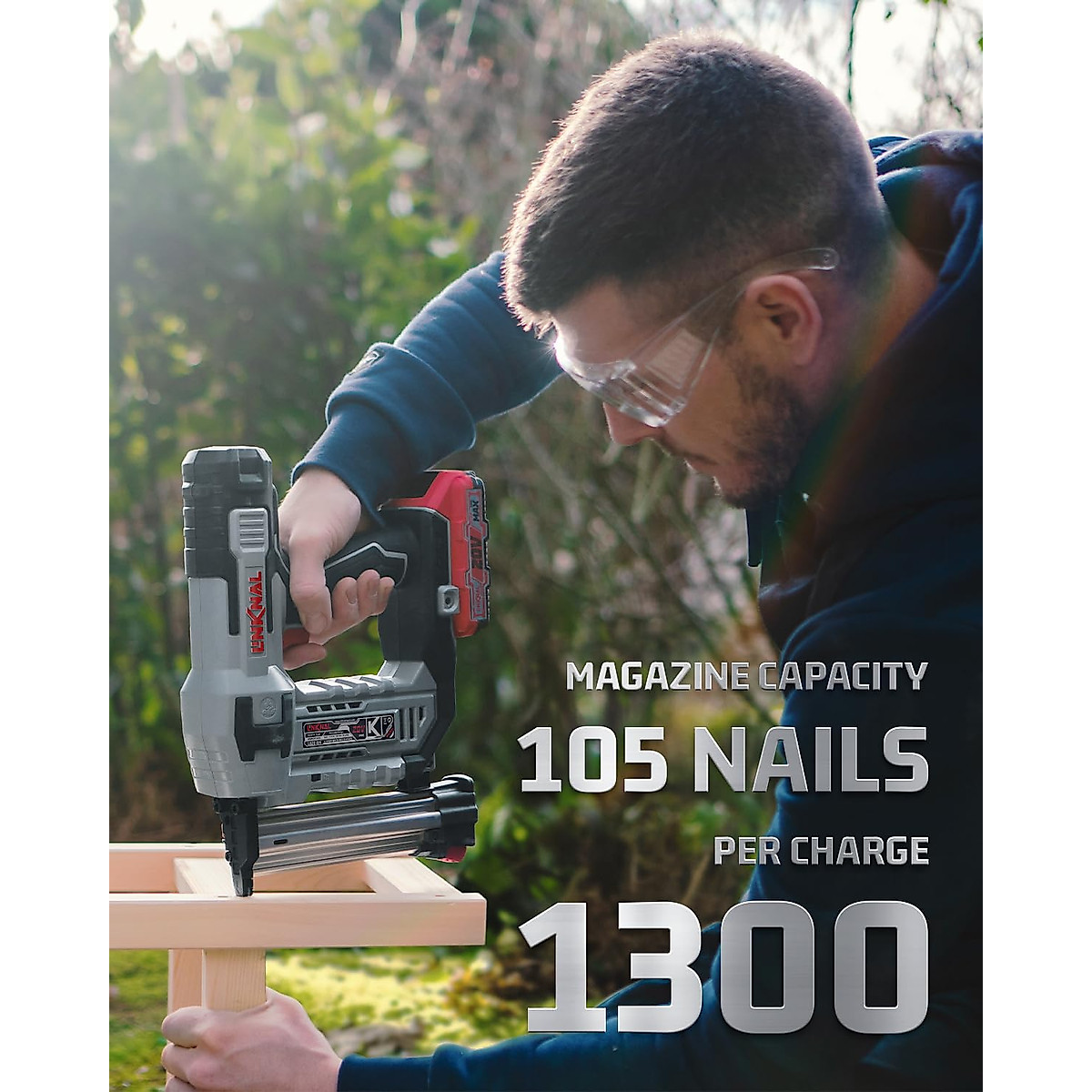 Electric Nail Gun, LINKNAL Cordless Brad Nailer Battery Powered,18 Gauge, 2×20V MAX Li-ion Batteries, Charger and 1000 Nails Included (L820-BN)