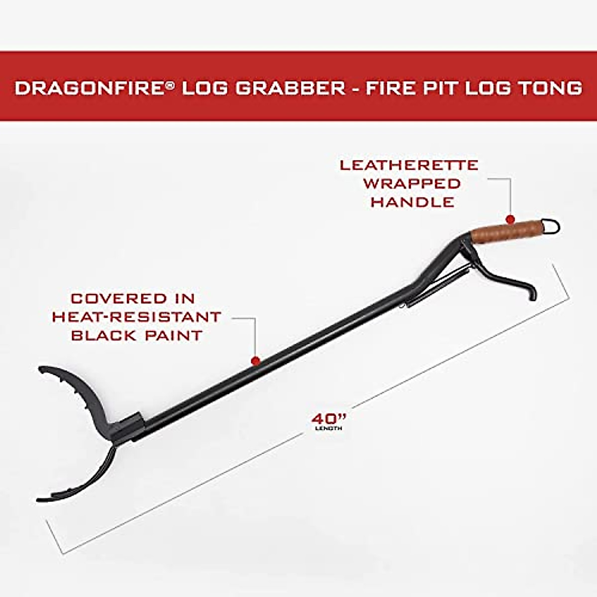 Dragonfire Log Grabber - 40" Long Fire Pit Tong with Durable Steel Shaft, Ergonomic Leatherette Handle, Triple Prong Design, and Heat-Resistant Black Coating