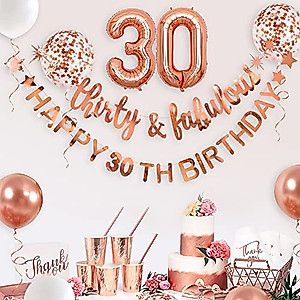 Rose Gold Thirty & Fabulous Happy 30th Birthday Banner Garland Foil Balloon 30 for Womens 30th Birthday Decorations Hanging 30 and Fabulous Cheers to 30 Years Old Dirty Thirty Party Supplies Backdrop
