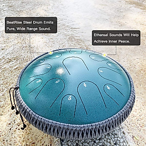 BeatRise Tongue Drum 13 Inch 15 Notes Steel Tongue Drum Professional Steel Drum Handpan Percussion Instrument with Travel Bag Rope and Mallets for Mind Healing Yoga (Emerald Green)