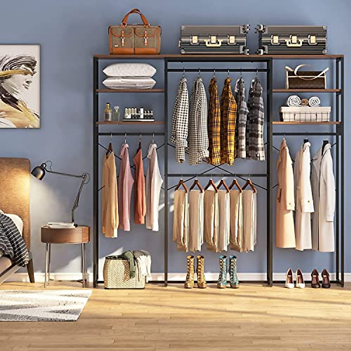 LITTLE TREE Free Standing Closet Organizer, Large Heavy-duty Garment Rack with Shelves and Hanging Rods,Open Wardrobe for Bedroom,Brown