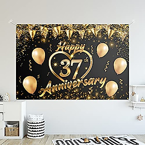Happy 37th Anniversary Backdrop Banner Decor Black Gold – Glitter Love Heart Happy 37 Years Wedding Anniversary Party Theme Decorations for Women Men Supplies, 3.9 x 5.9 ft