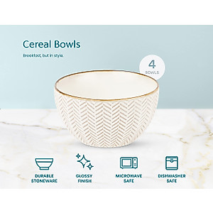KooK Ceramic Cereal Bowls, Embossed, for Yogurt, Dessert and Poke, Microwave & Dishwasher Safe, Cream with Dark Copper Accents, Set of 4, 22 oz, Narbonne Collection