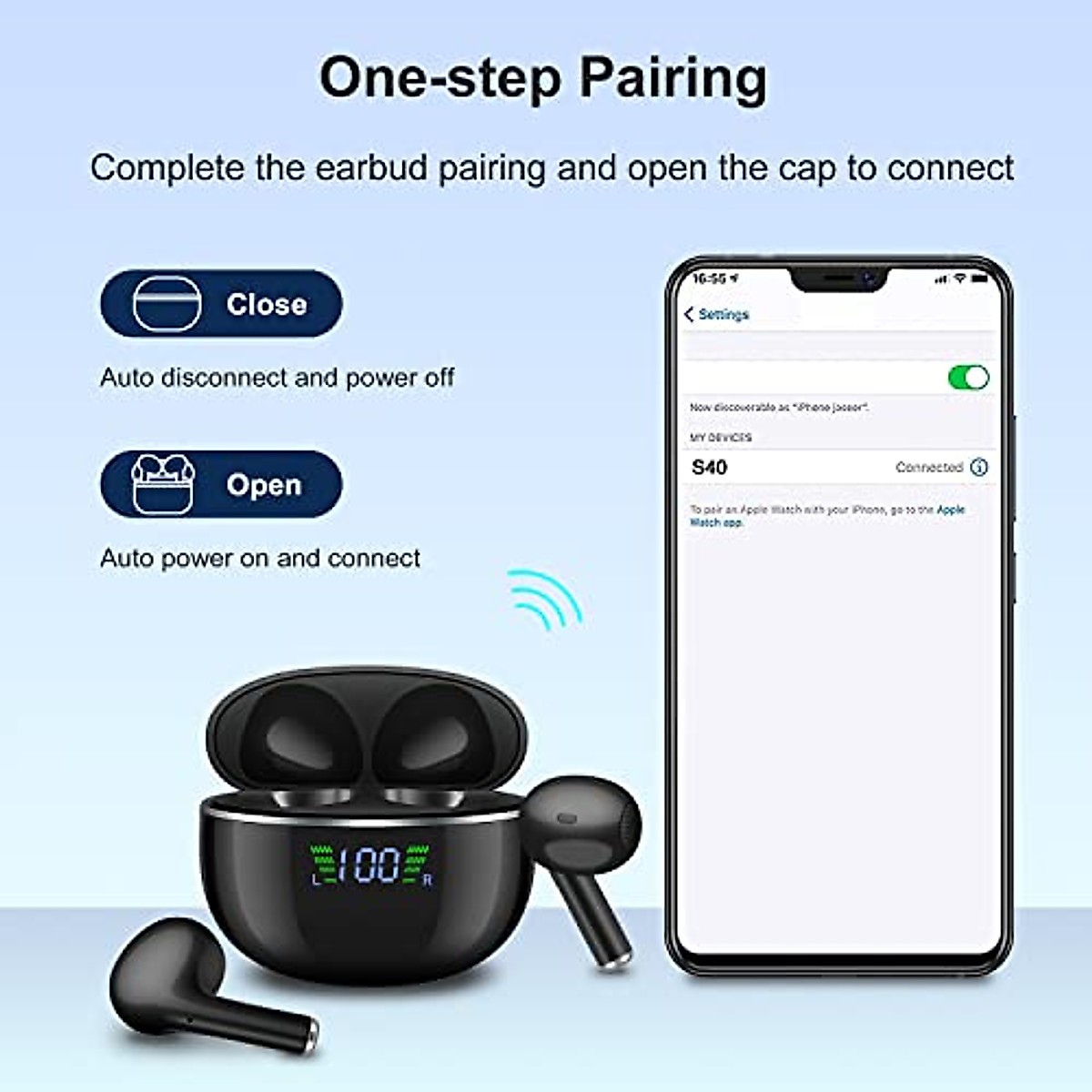 Bluetooth Headphones True Wireless Earbuds 60H Playback LED Power Display Earphones with Wireless Charging Case IPX7 Waterproof in-Ear Earbuds with Mic for TV Smart Phone Computer Laptop Sports