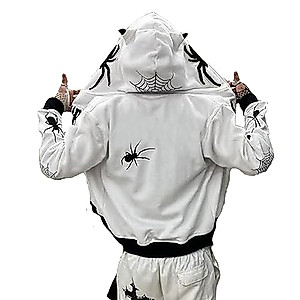 2023 Punk Jackets Streetwear Goth Oversized Zip Up Hoodie Men Women Rhinestone Y2K Spider Skeleton Hoodies Small