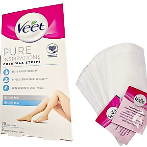 Veet Pure Cold Wax Strips, Legs & Body, Sensitive Skin, 20 Strips, 2 Finish Wipes, Hair Removal, Removes Hair From Root, 28 Days Smoothness, Hypoallergenic Formula (Packaging may vary)