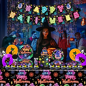 Glow Neon Party Supplies Tableware Set, 256 Pcs Let's Glow Halloween Party Decorations Include Neon Plates and Napkins Cups Glow Tablecloth Halloween Banner for Neon Baby Shower Party Decorations