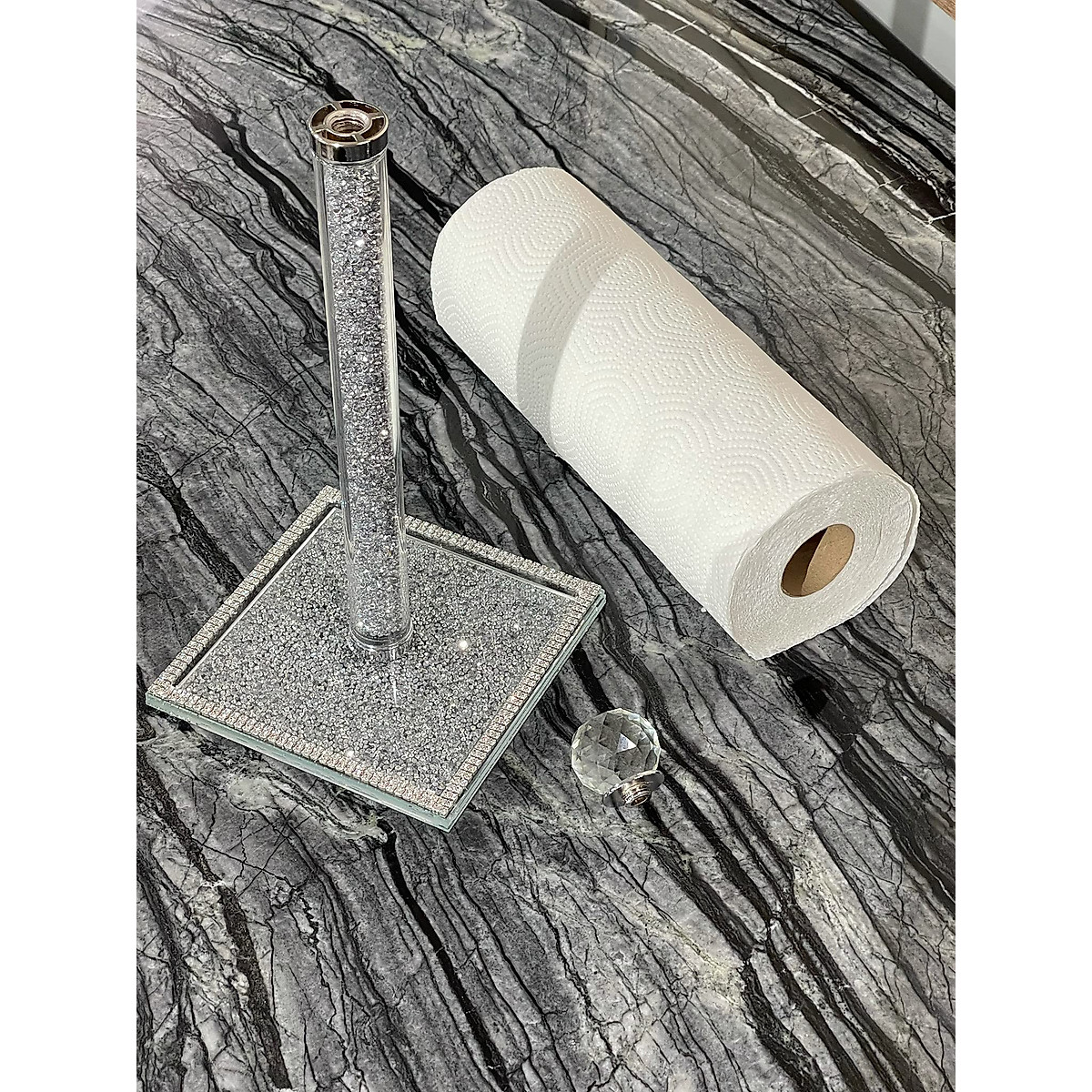 Bling Crystal Paper Towel Holder Roll Holder, Cute and Filled with Sparkly Crushed Diamonds, Stunning Silver, Mirrored Glass, Kitchen Countertop / Bathroom Tissue Holder, 13in x 6.3in