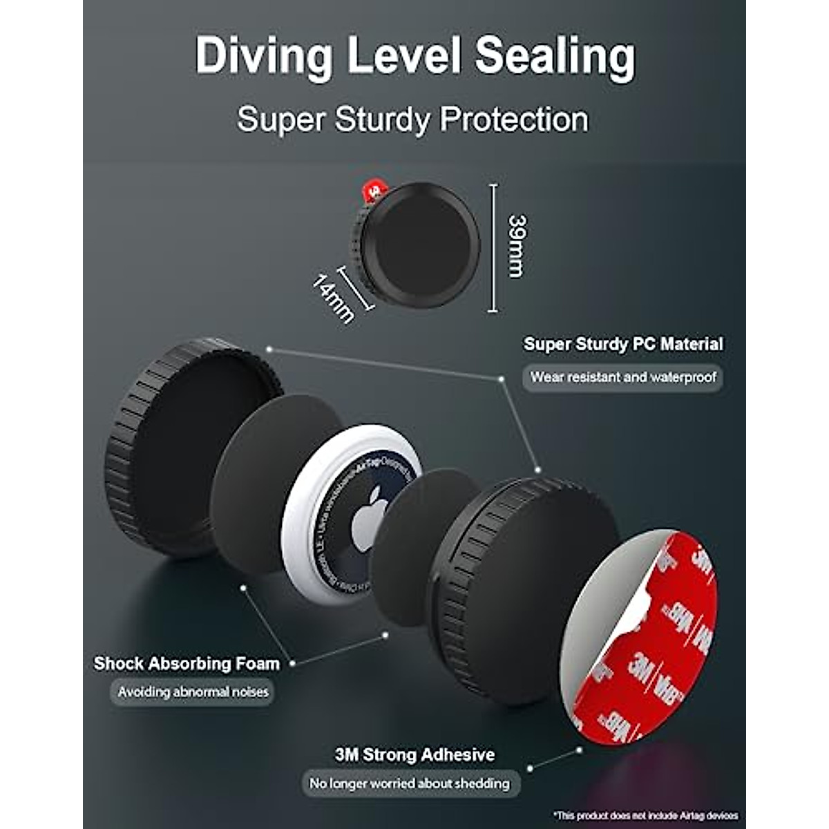 IPX8 Waterproof Airtag Holder, 2 Pack AirTag Case with Adhesive Sticker Mount for Apple Air Tag, Hidden Shockproof Airtag Tracker Case Cover for Luggage Laptop Car Bike TV Camera Remote Drone Black