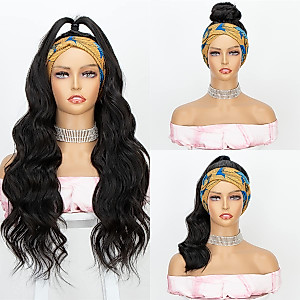 Body Wave Headband Wig Synthetic Natural Color Long Wavy Wig for Black Women Glueless Wig with Headband Attached 180% Density Heat Friendly 22 inch