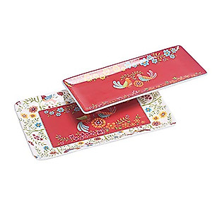 Bico Red Spring Bird Ceramic 14 inch Rectangular Serving Platter, Set of 2, for Serving Salad, Pasta, Cheese, Ham, Appetizer, Microwave & Dishwasher Safe