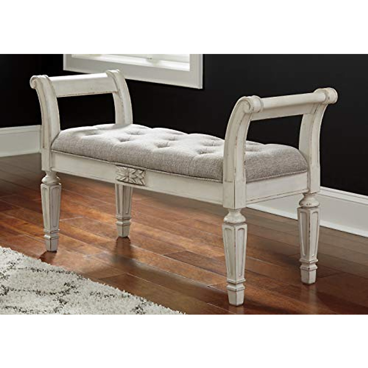 Signature Design by Ashley Realyn French Country Upholstered Tufted Accent Bench, Antique White & Realyn Traditional Cottage 1 Drawer Nightstand, Chipped White, Distressed Brown
