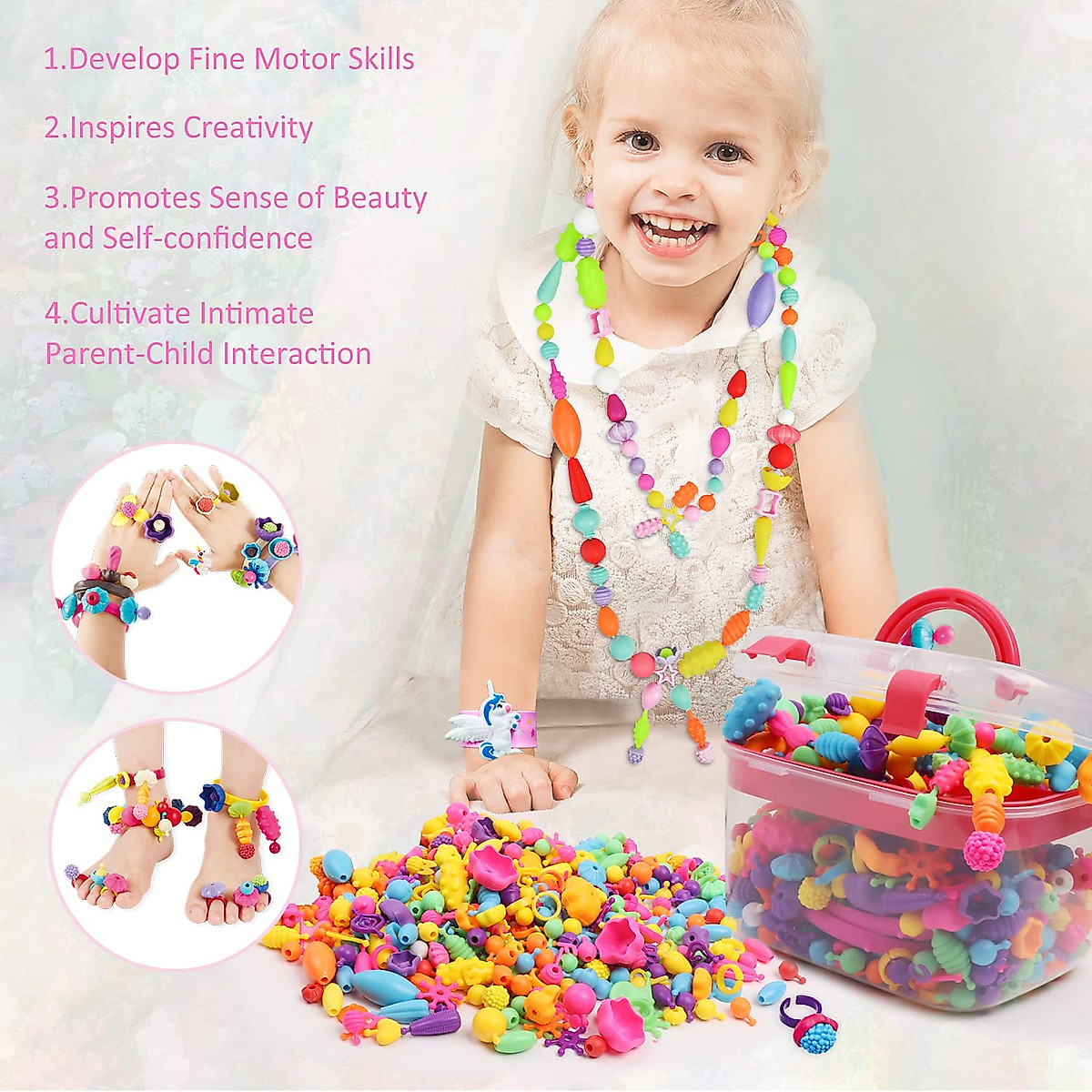 Pop Beads - 550+Pcs DIY Jewelry Making Kit for Toddlers 3,4,5,6,7,8 Year Old, Kids Snap Beads Set Art and Crafts Creativity Toys for Girls Birthday Gifts
