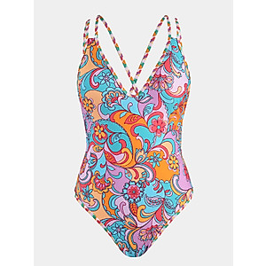 CUPSHE Women's One Piece Swimsuit Bathing Suit Double Strap Back tie Low Cut Boho Paisley Swimwear M