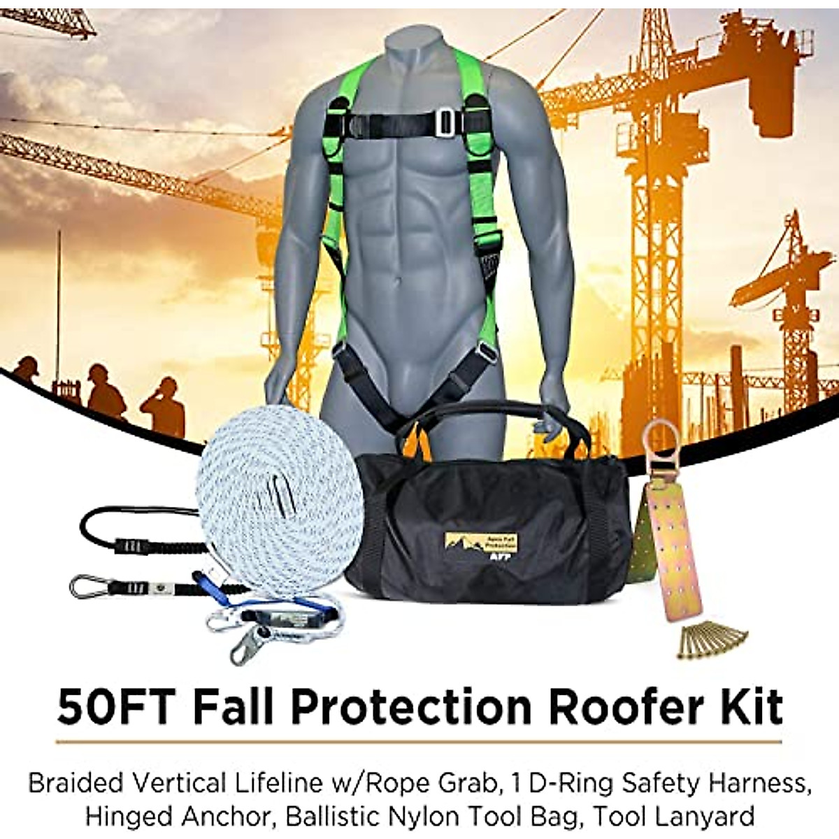 AFP 50FT Fall Protection Roofer Kit Braided Vertical Lifeline w/Rope Grab, 1 D-Ring Safety Harness, Hinged Anchor, Ballistic Nylon Tool Bag, Free Tool Lanyard | OSHA & ANSI Rated