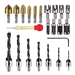 23-Pack Woodworking Chamfer Drilling Tool,5 Flute 90 Degree Countersink Drill Bits,Three Pointed Countersink Drill Bit with L-Wrench,Wood Plug Cutter Tool Drill Bits,Center Punch