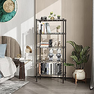 C&AHOME 5-Tier Metal Shelving Unit with Liner, Storage Rack with Adjustable Shelves, Heavy Duty Shelf with 4 Hooks and Leveling Feet Ideal for Kitchen, Bathroom, 23.6"L × 12.8"W × 60.5"H Black UWSU05B