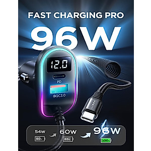 LISEN USB C 96W Super Fast Car Charger PD& QC3.0 with 5.3ft 36W Type C Coiled Cable,Car Phone Charger Adapter for iPhone 15 Pro Max Plus, Samsung Galaxy S24/S23/S22,Android, iPad Pro