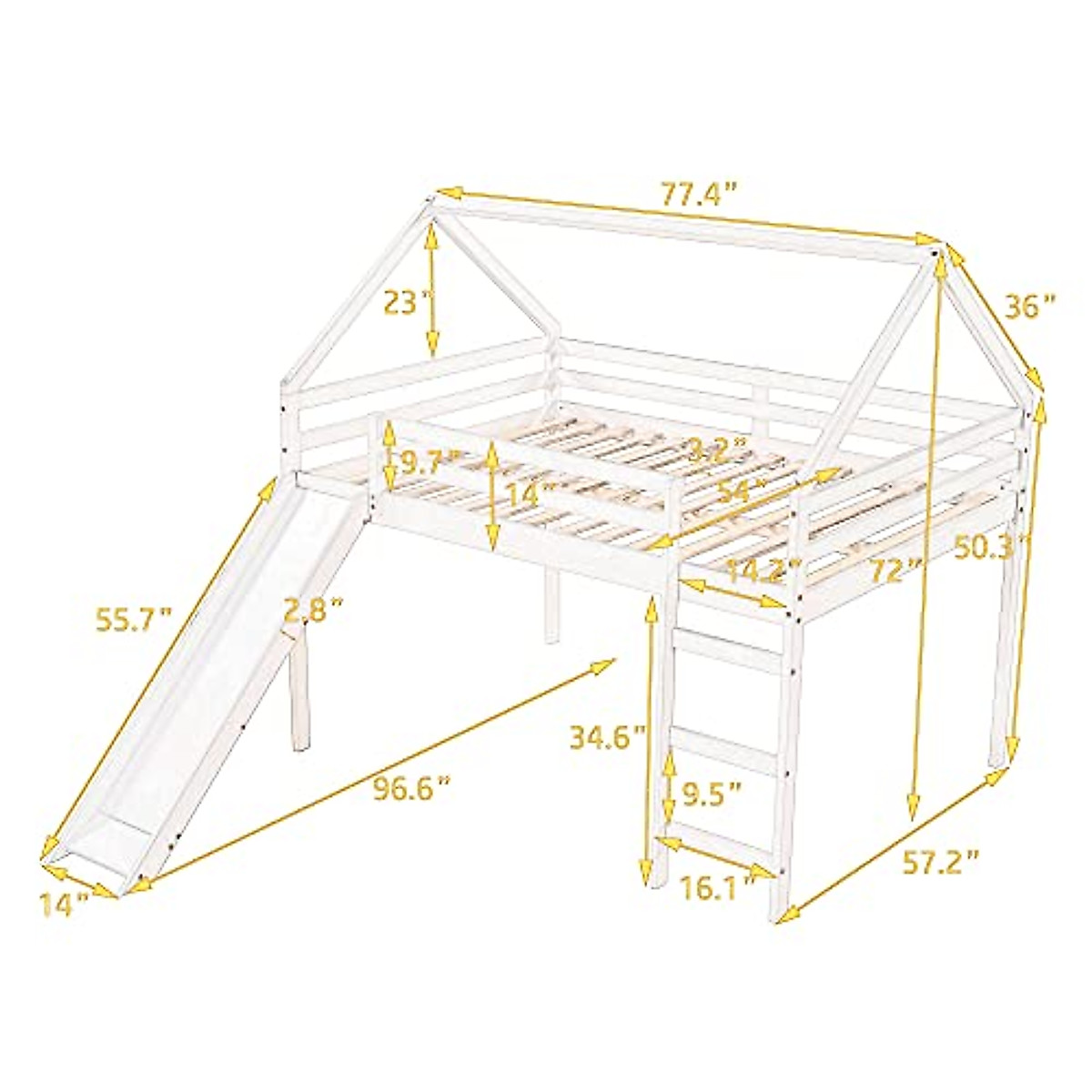 HYC Full Size Loft Bed with Slide, Wood Loft Bed Full with Playhouse Design, Kids House Loft Bed Frame for Boys Girls,White