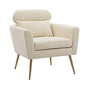 mikibama Mid Century Modern Accent Chair Upholstered Reading Chair Armchair with Throw Pillow Armchair Side Chair for Living Room Bedroom Dorm Room Office (Beige, Chenille)