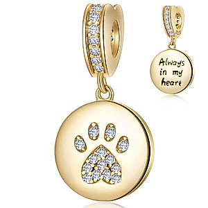 Always in My Heart Sparkling Paw Print Dangle Charm, 925 Sterling Silver Dog Cat Charms, Beads with CZ Stones Compatible with Pandora Charm Bracelet Necklace, Gift for Women/Wife/Mother/Pet Lover