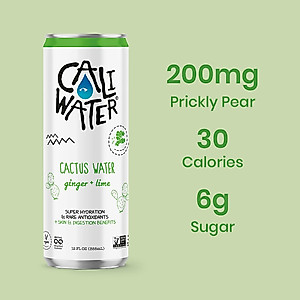 Caliwater - Organic Cactus Water - Ginger and Lime - 5g Sugar, 25 Calories - Coconut Water Alternative - Natural Plant Based Hydration - Skin Care, Electrolyte Drinks - Flavored Water - 12 Cans